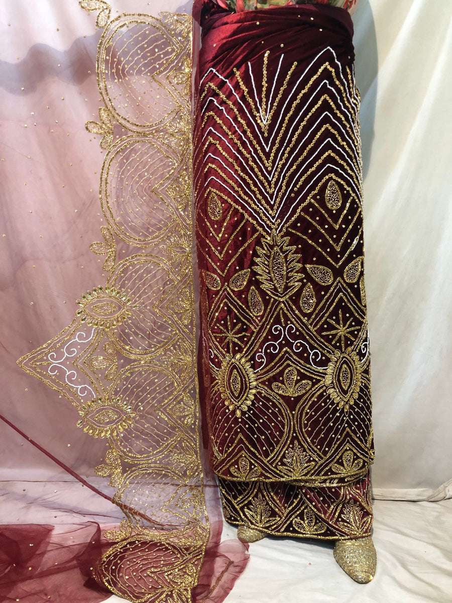 Burgundy Designer Velvet Fabric Heavy Beaded VIP George Wrapper With B ...