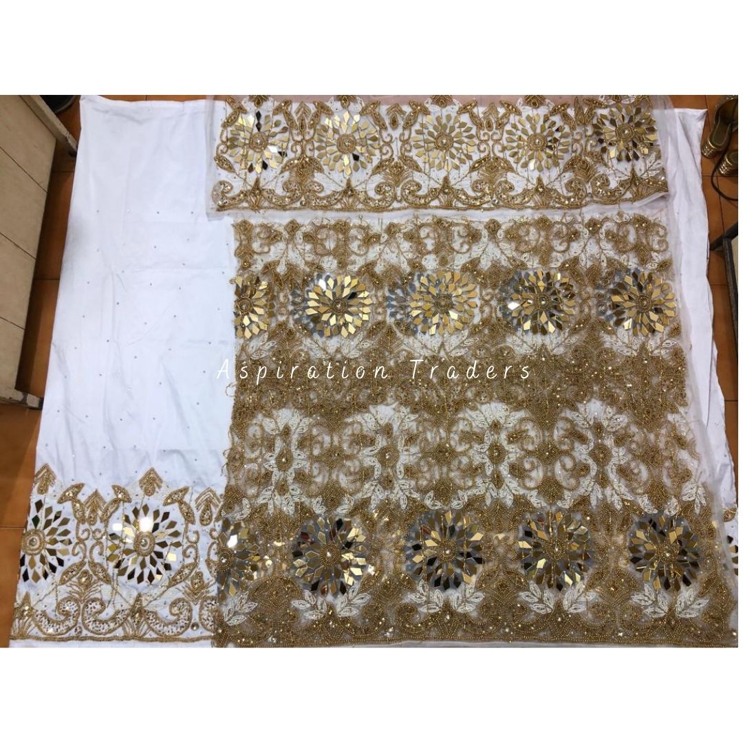 Elegant White and Gold Heavy Beaded Designer Net Lace George wrapper S ...