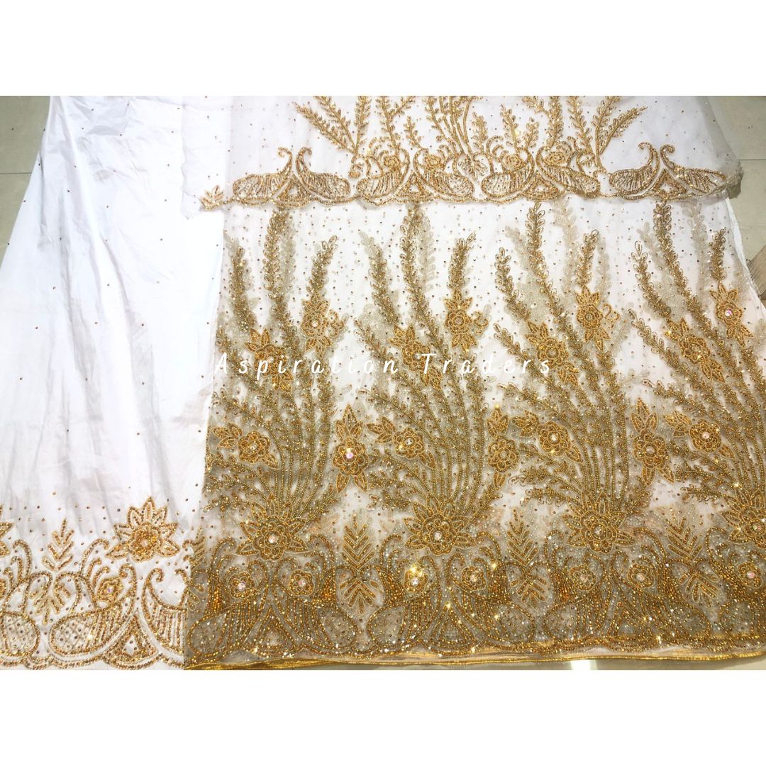 Beautiful White and Gold Heavy Beaded Designer Net Lace George wrapper ...