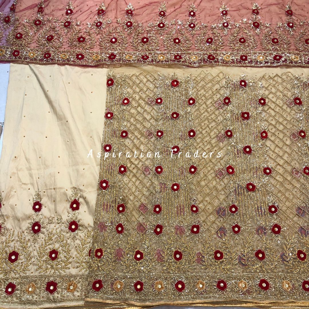 Champagne Gold Designer Net lace George Wrapper with contrast Wine col ...