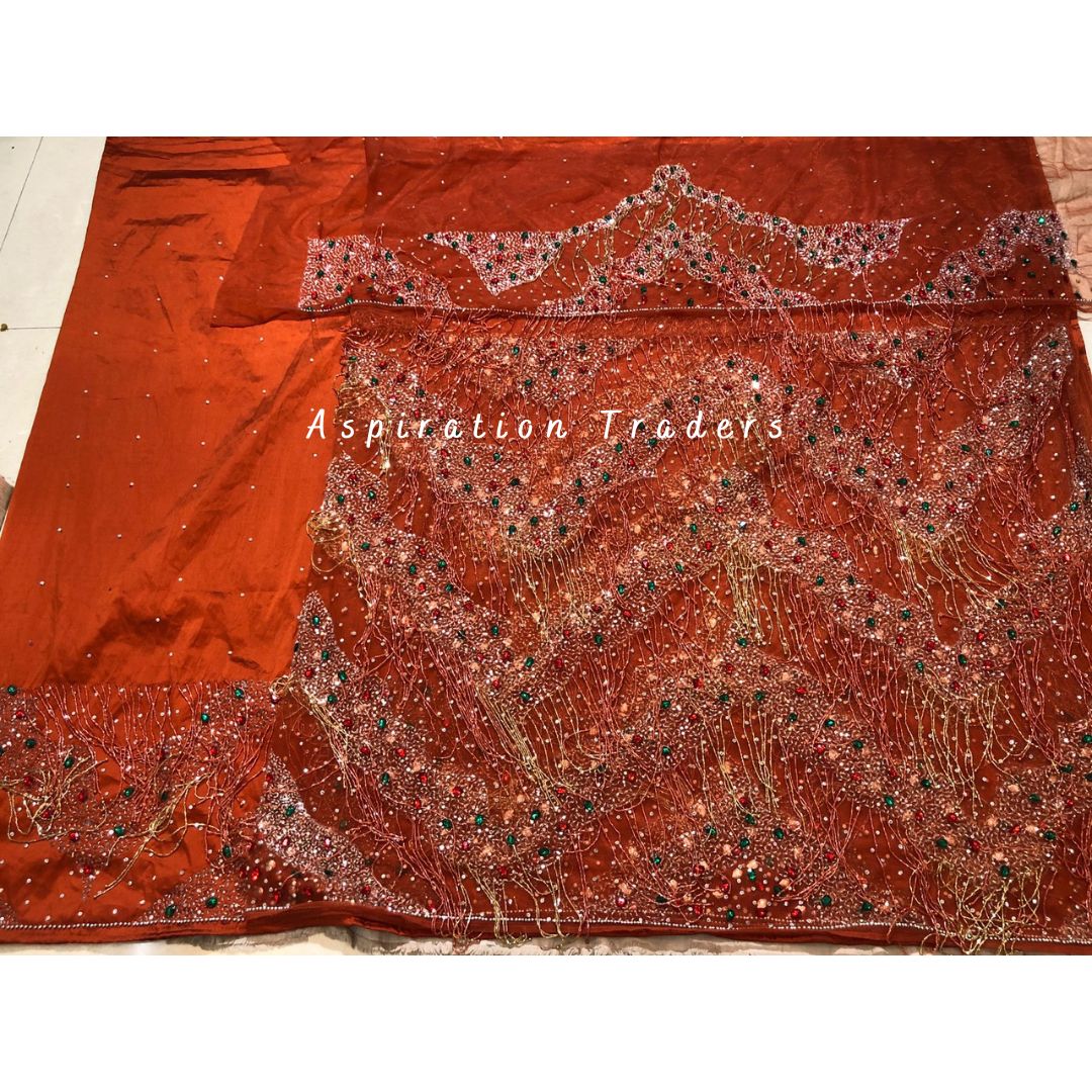 Alluring Burnt Orange Heavy Beaded Designer Net Lace George wrapper Se ...