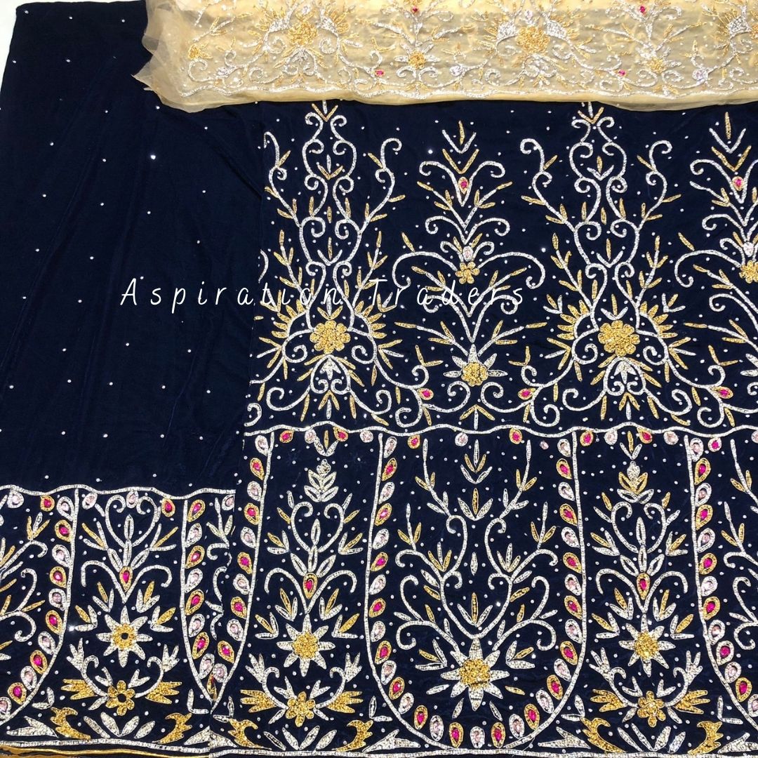 Stunning Navy Blue Velvet Fabric Hand work George Wrapper with contras ...