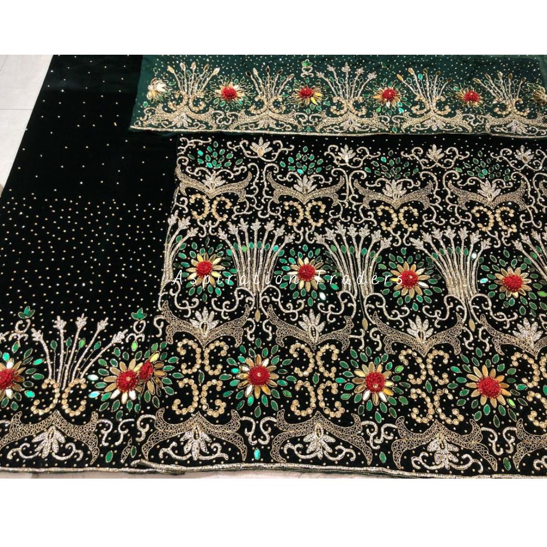 Dark Green Crystal Beaded Velvet George Wrapper For Traditional Wear ...