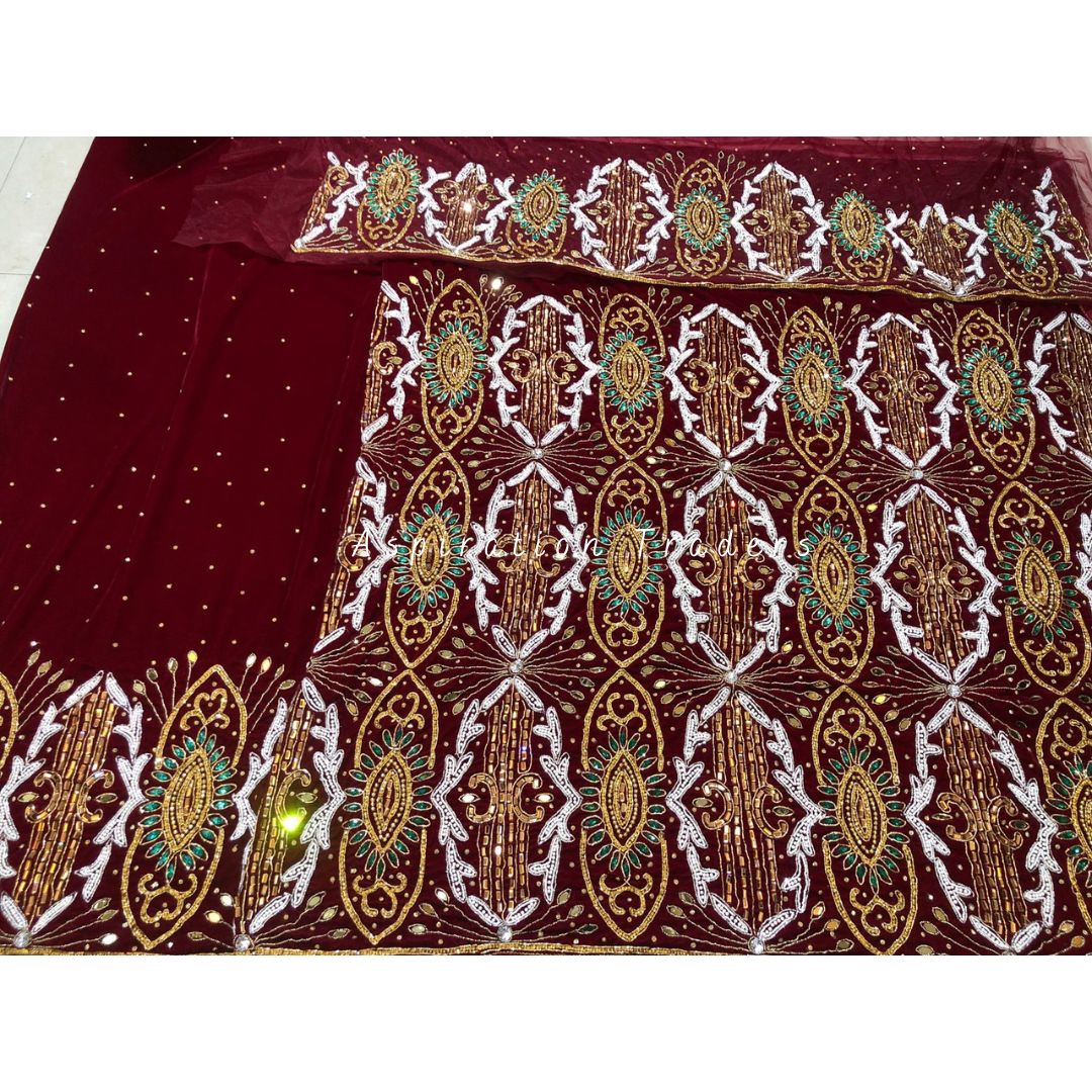 Ravishing Burgundy Velvet Heavily Beaded Nigerian George wrapper set ...