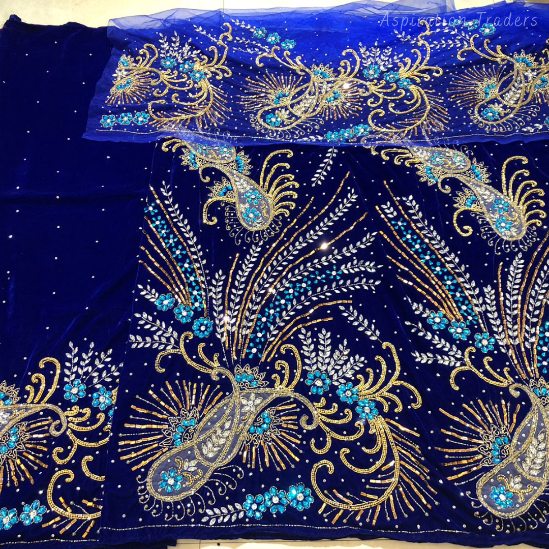 Royal Blue Crystal Stone Beaded Velvet Fabric Nigerian George Wrapper ...