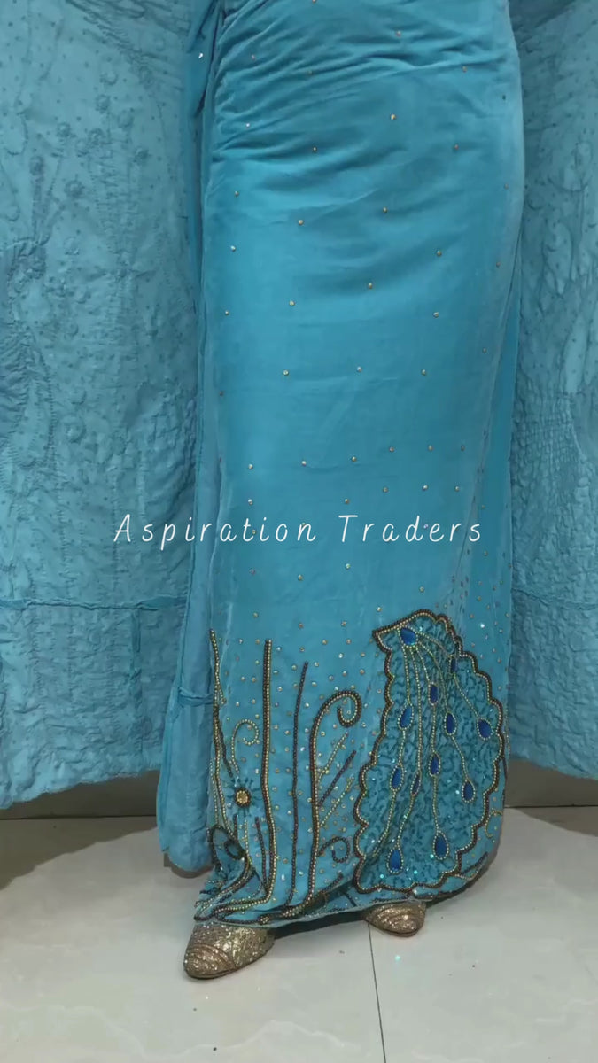 Aquatic Powder Blue Heavy Stone Work Peacock Design Velvet George Wrap ...