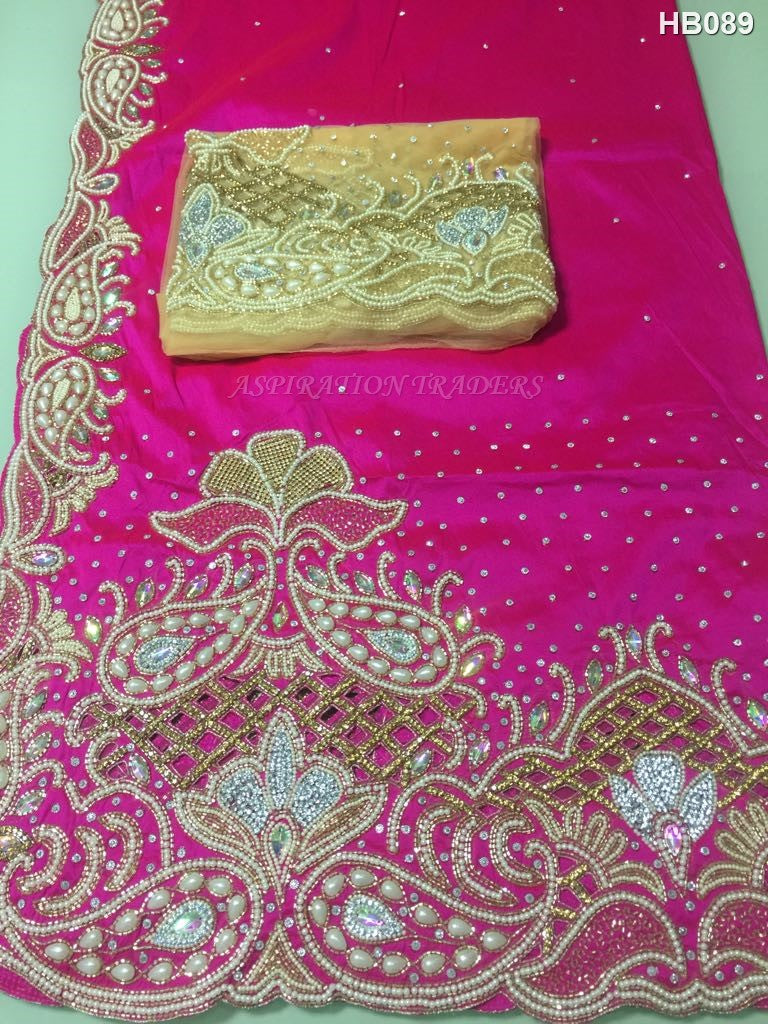 Fushia Pink Heavy Beaded VIP Madam Taffeta Silk George Wrapper- HB089 ...