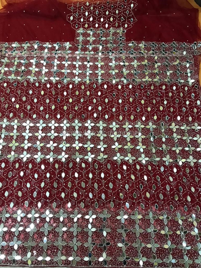 Wine color Beautiful Glass mirror work Net fabric African George Wrapp ...