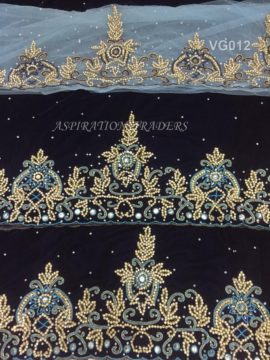 Navy Blue Heavy Beaded Velvet George Wrapper With Contrast Blouse- VG0 ...