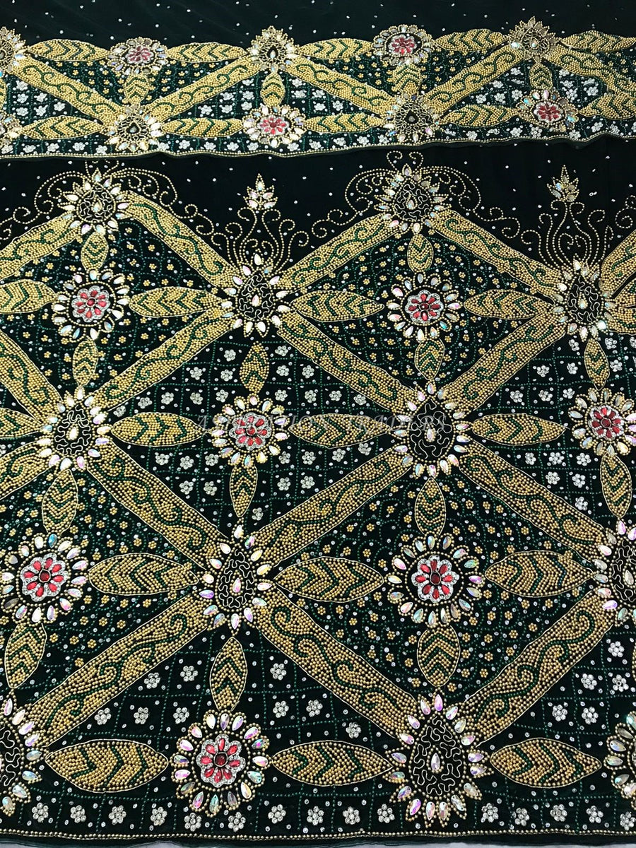 Dark Green Velvet Fabric Heavy Beaded Designer VIP George Wrapper With ...